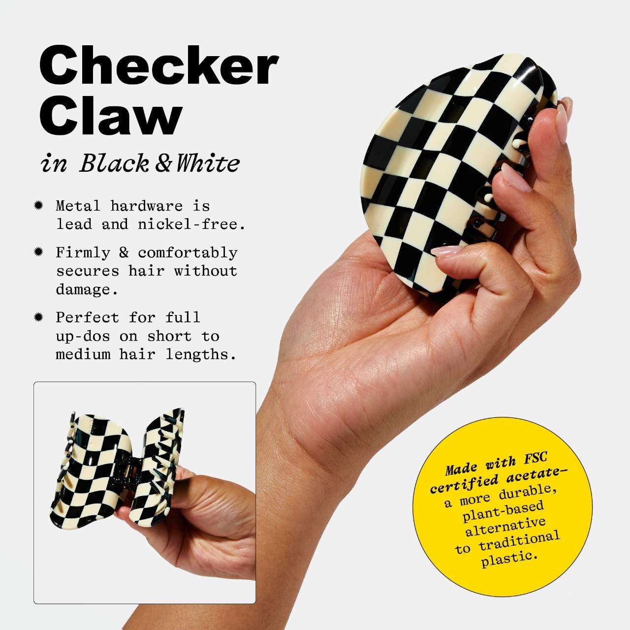 Medium Checker Hair Claw Clip In Black + White | Cosmopolitan Shop